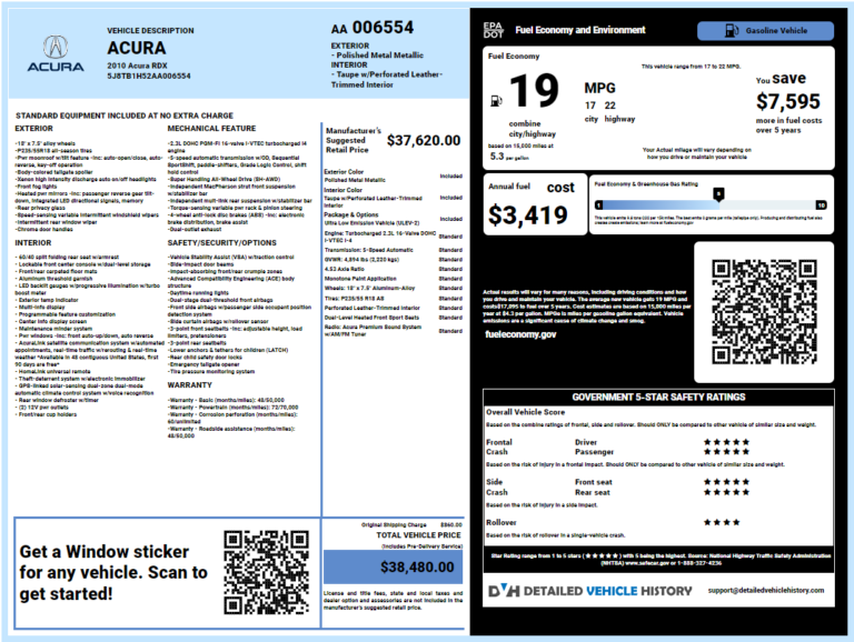 Lookup Acura Window Stickers By VIN - Instant VIN Reports