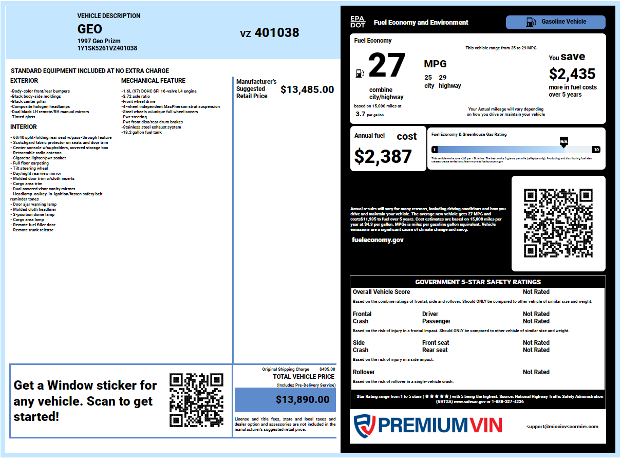 Geo Window Stickers Lookup by VIN